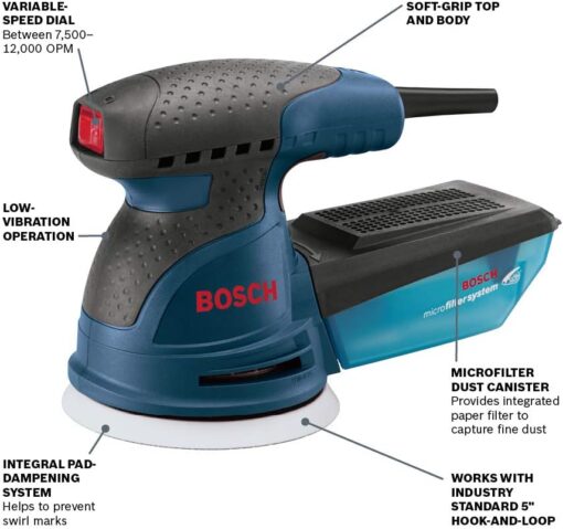 BOSCH ROS20VSC Palm Sander 2.5 Amp 5 In. Corded Variable Speed Random ...