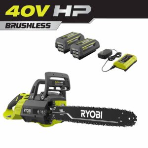 RYOBI RY40550-2B 40V HP Brushless 16 in. Battery Chainsaw with (2) 4.0 ...