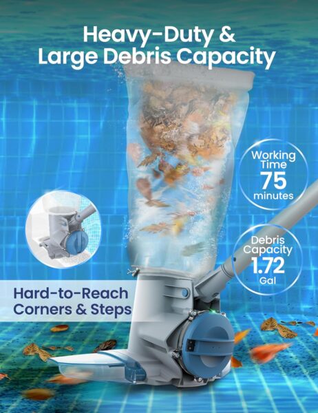 KOKIDO (2024 New) Rechargeable Heavy-Duty Pool Vacuum, 8X Suction ...